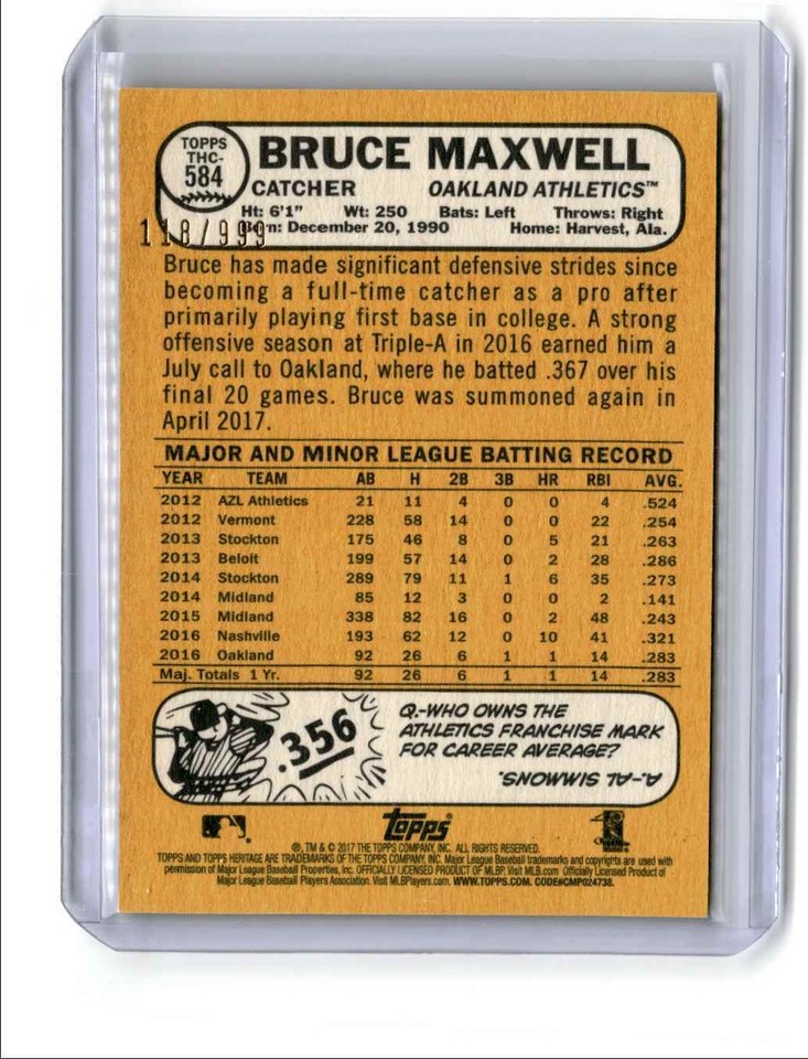 2017 Topps Heritage Chrome Bruce Maxwell 118/999 Oakland Athletics #584 | eBay