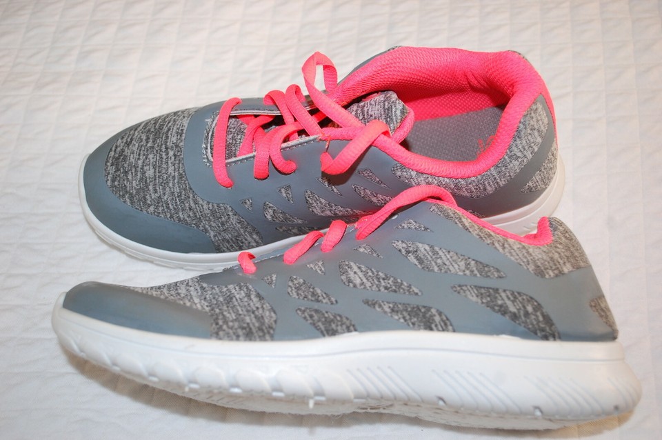 Girls GRAY MARLED ATHLETIC SHOES Fabric Upper NEON ORANGE TRIM Lace Up ...