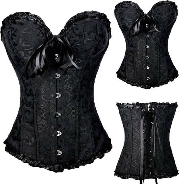 Women Black Burlesque Corset Basque Cincher Lace Up Steampunk Bustier ...