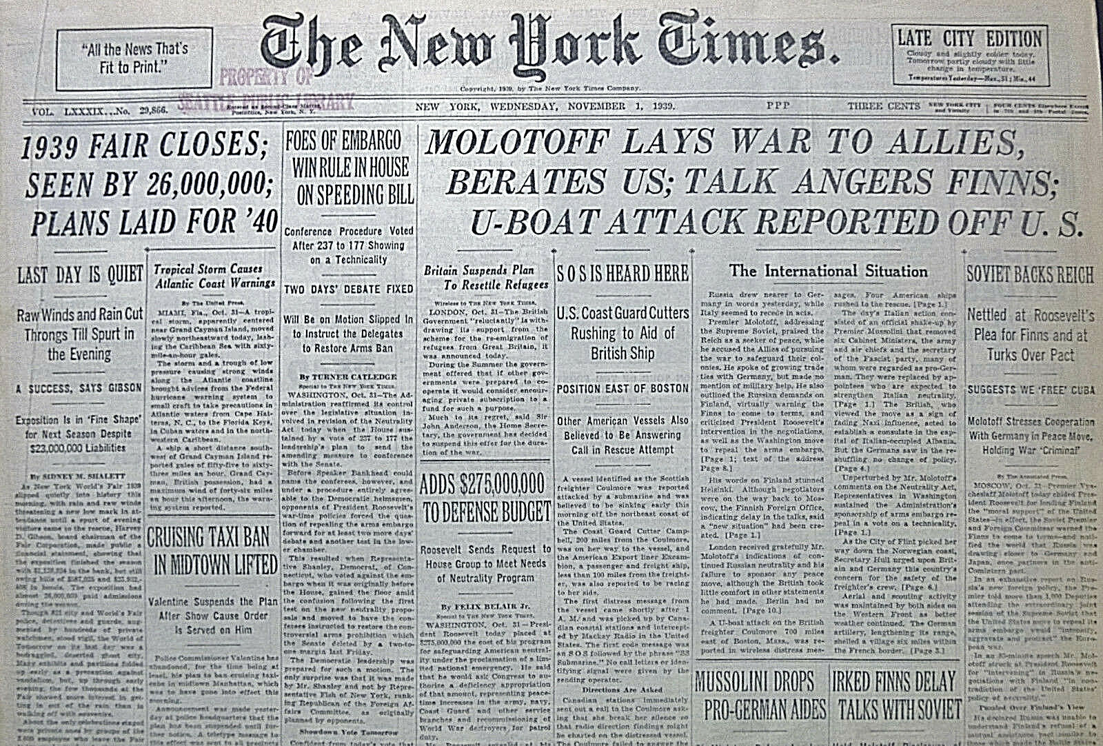 11-1939 WWII November 1 MOLOTOFF LAYS WAR TO ALLIES MUSSOLINI U-BOAT ...