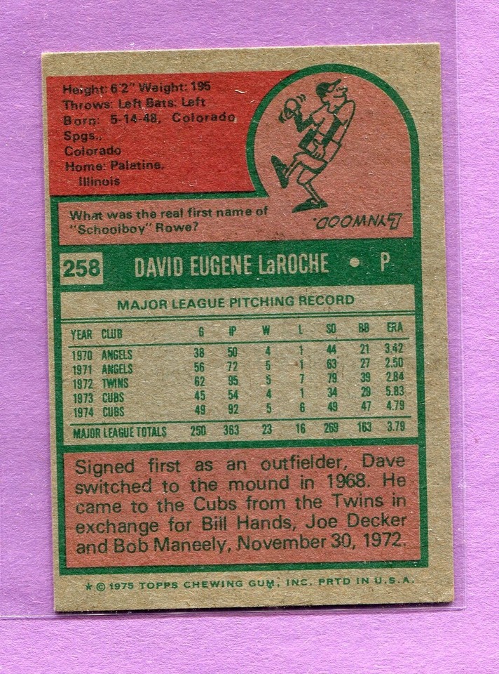 DAVE LAROCHE CHICAGO CUBS 1975 TOPPS MINI BASEBALL CARD #258 | eBay