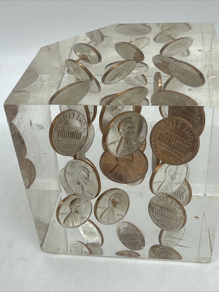 Vintage 1970 Lucite Acrylic Coin Cube Floating Pennies Paperweight 2.5 ...