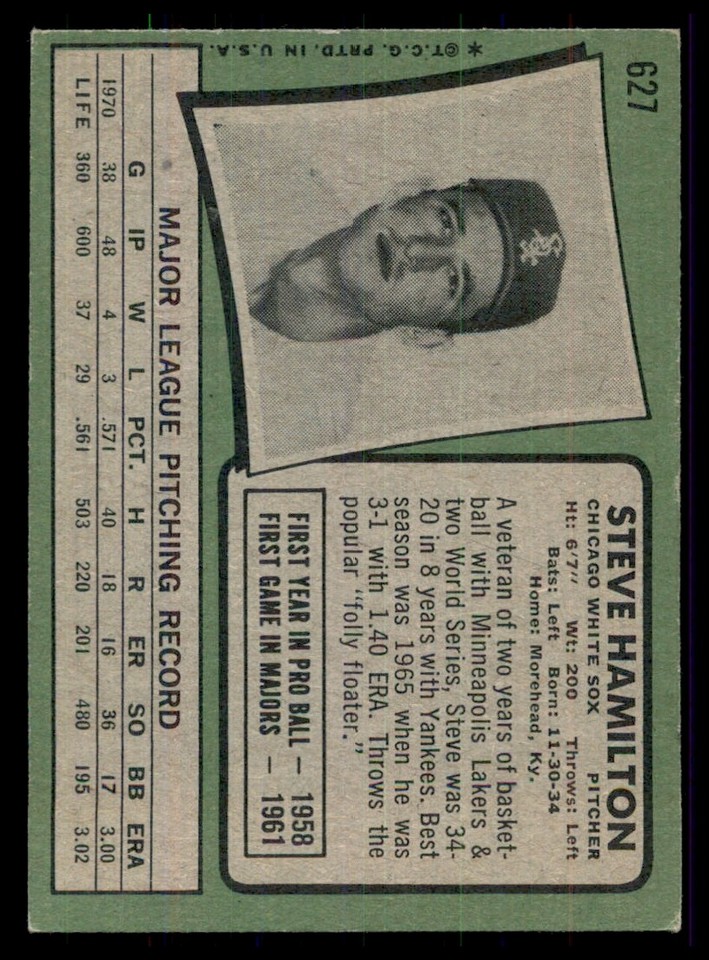 1971 Topps Steve Hamilton Semi-High #627 VG Baseball Card | eBay