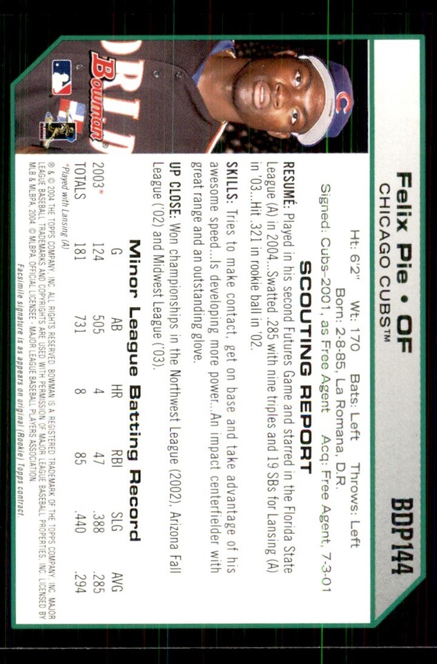 2004 Bowman Felix Pie Baseball Cards #BDP144 | eBay