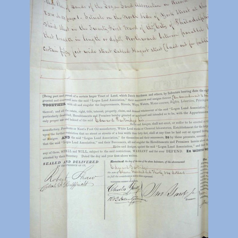 1858 antique LOGAN LAND ASSOC DEED INDENTURE EDWARD PARTRIDGE ...