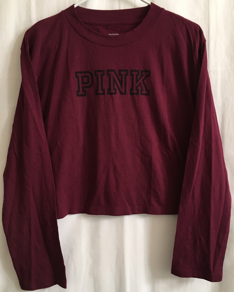 Victoria's Secret PINK Crop Top Maroon Tee Shirt VS Long Sleeve Size L ...