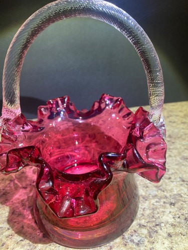 Vintage Fenton Glass Basket Cranberry Rose Ruffles Spiral Handle Vase ...