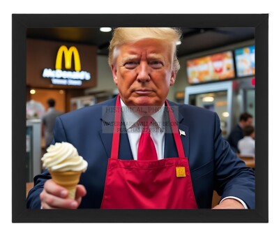 DONALD TRUMP WORKING AT MCDONALDS HOLDING ICE CREAM CONE 8X10 AI FRAMED ...
