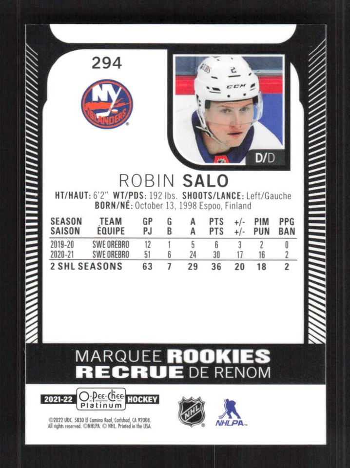Robin Salo RC 2021 O-Pee-Chee Platinum Marquee Rookies New York ...