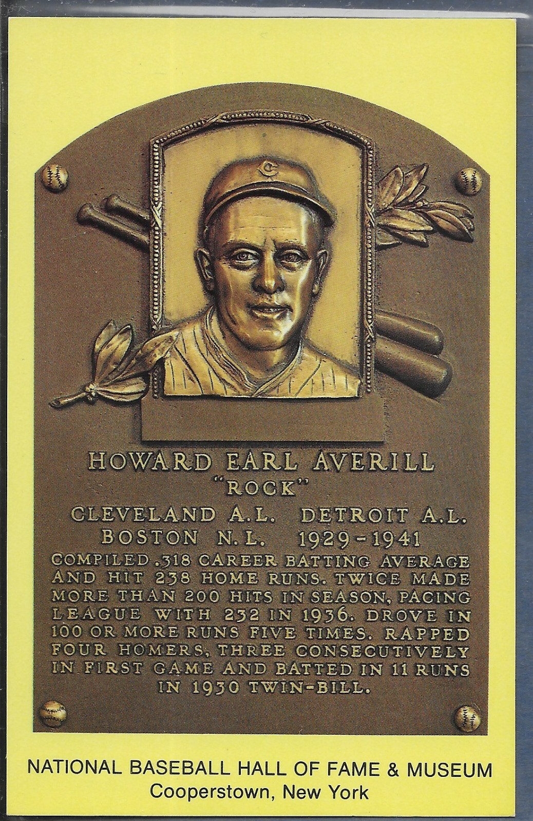 Howard Earl Averill "ROCK" Cooperstown Hall of Fame Plaque Postcard | eBay
