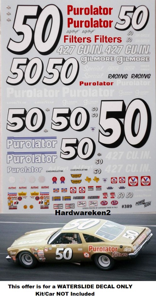 NASCAR DECAL #50 PUROLATOR / GILMORE RACING 1973-1974 GOLD CHEVELLE AJ ...