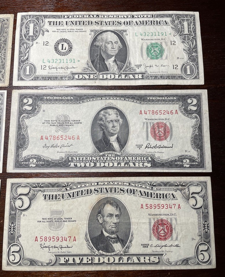 Lot Of 6 Old US Currency $1 Silver Certificates, $2 & 5 Red Seals Barr ...