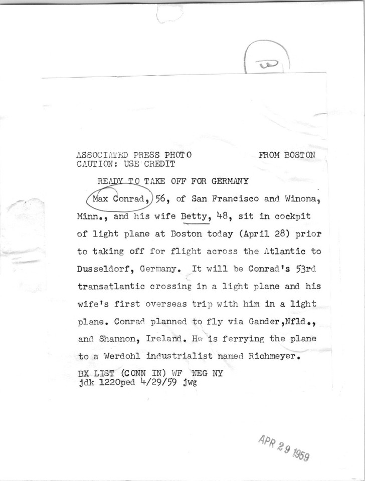 1959 Winona MN airplane pilot Max Conrad and wife Betty 7x9 press photo ...