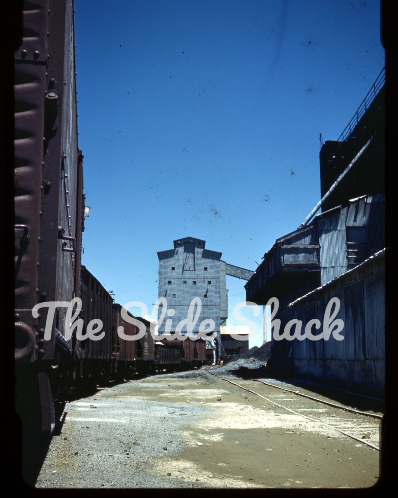 Coal tipple loader railroad train car 1940's red border Kodachrome 35mm ...