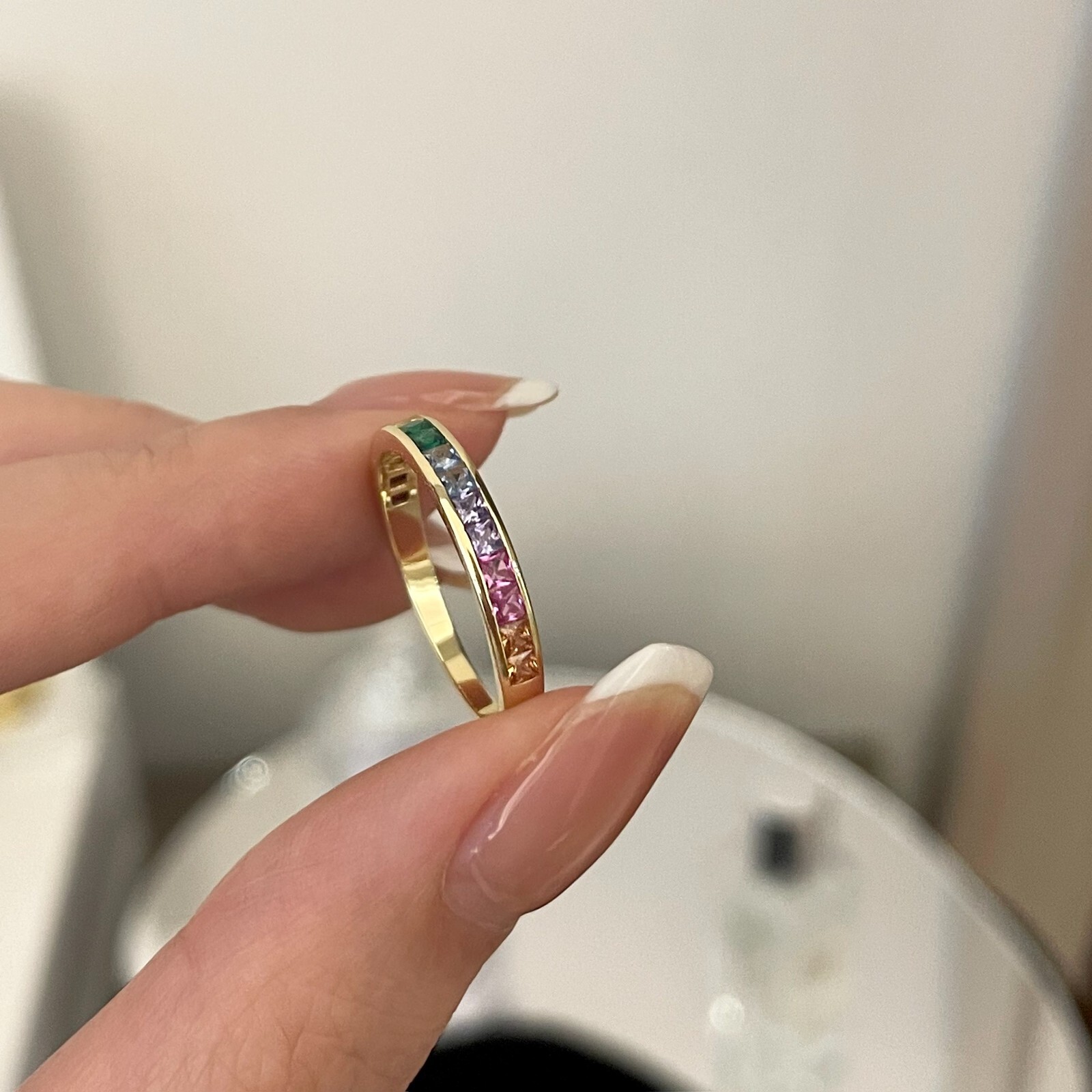 18K Gold Vermeil Rainbow Diamond Ring, Rainbow Diamond Band, Colorful Ring | eBay