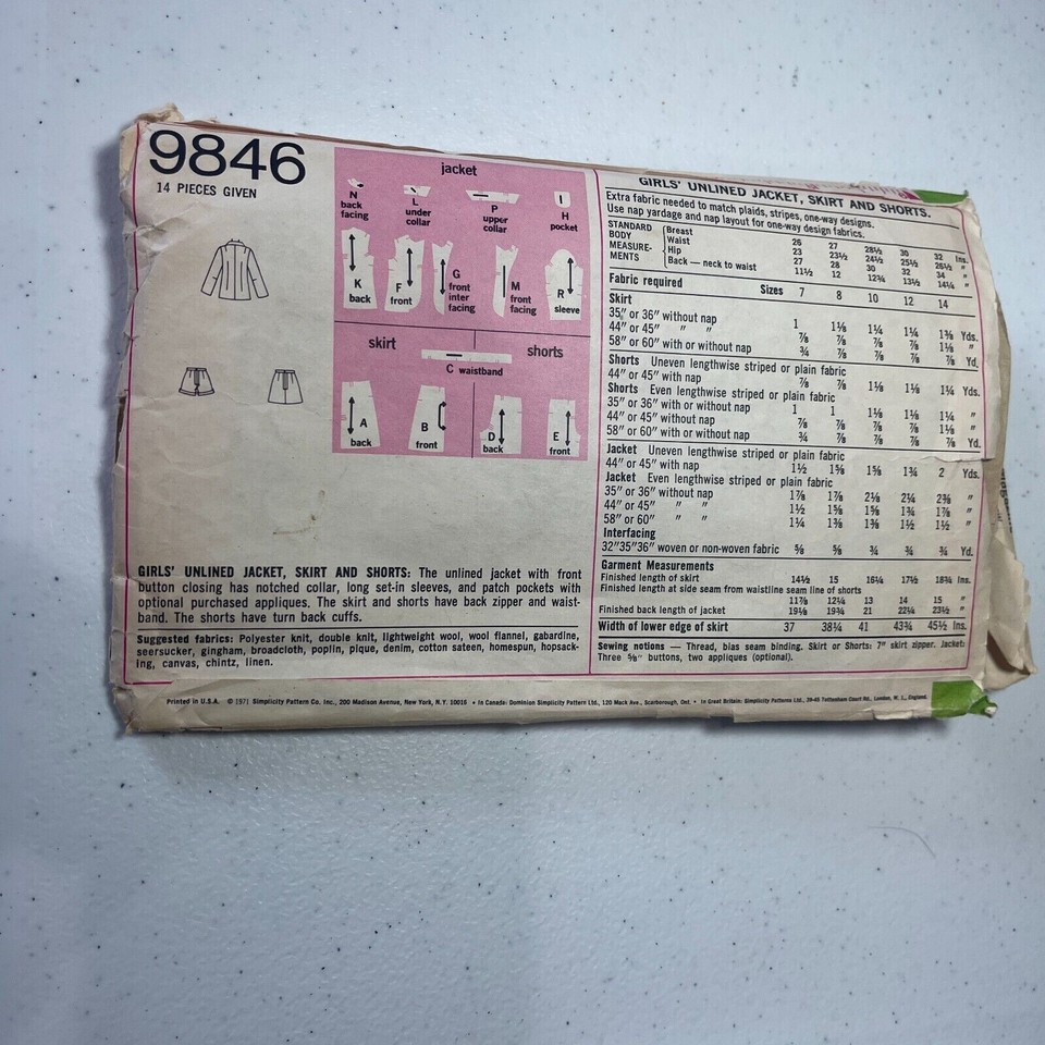 Vintage Simplicity Pattern 9846 Childs Unlined Jacket, Skirt and Shorts ...