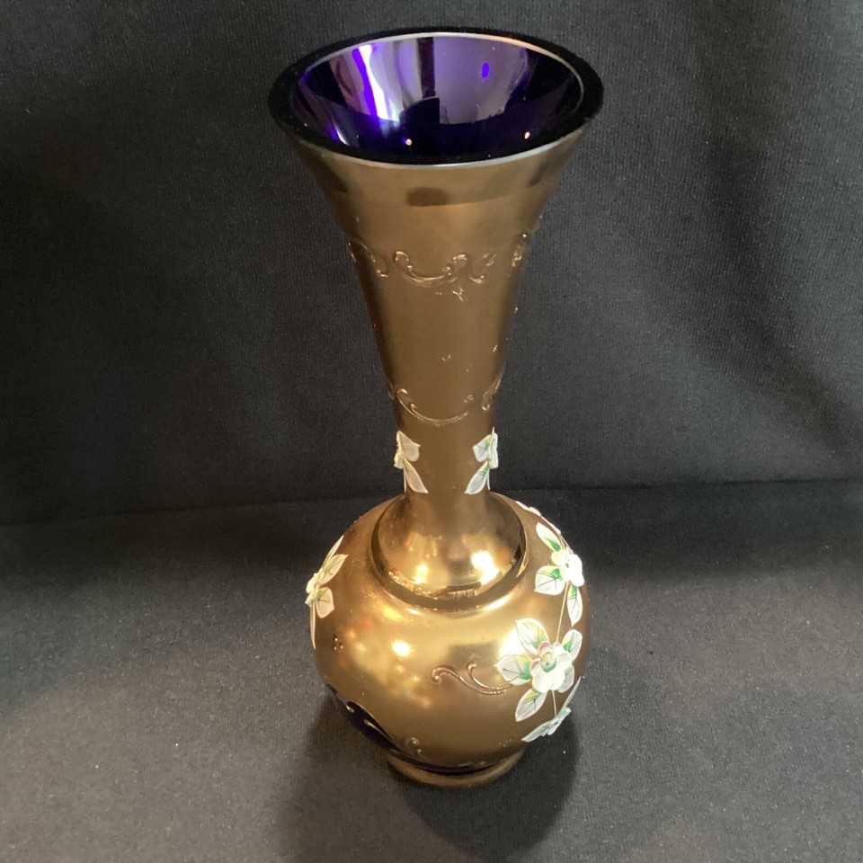 Vintage 10” Bohemian Cobalt Glass Vase Heavy Gold Gilt & Applied ...