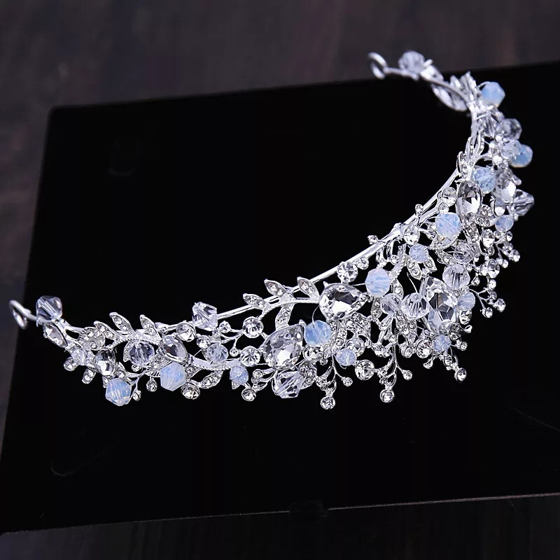 Silver Blue Crown Tiara real metal gift birthday diadem birthday bridal ...
