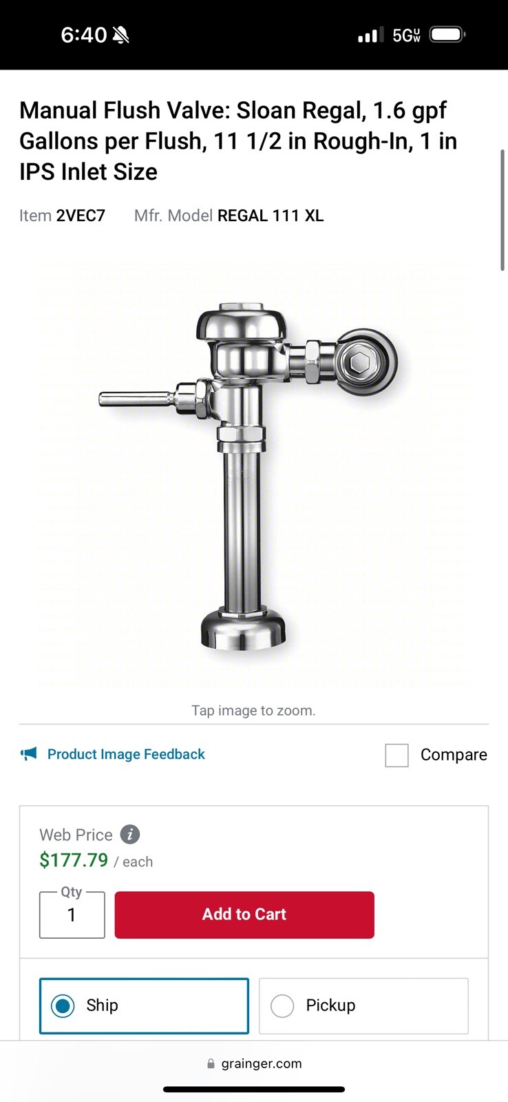 Sloan Regal® 111-1.6 XL Exposed Manual Water Closet Flushometer, 1.6 ...