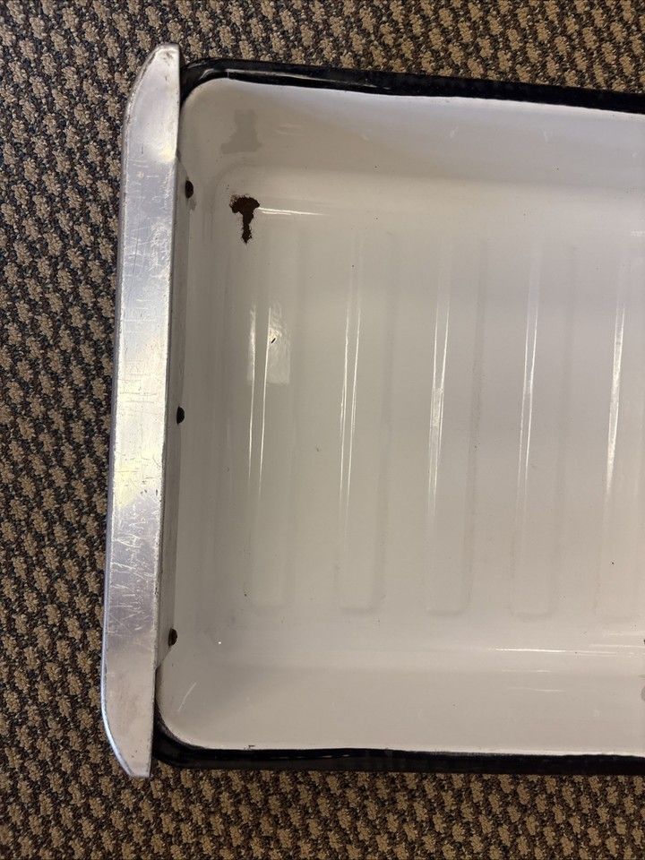 Vintage Enamel Ware Tub Square Refrigerator Tray Pan White Black Farm ...