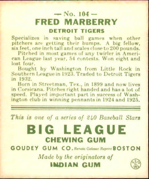 1983 Galasso 1933 Goudey Reprint #104 Fred Marberry | eBay
