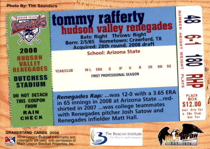 2008 Hudson Valley Renegades Grandstand 23 Tommy Rafferty Crawford ...