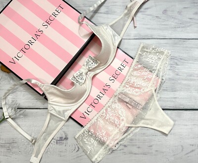 Victoria's Secret Quarter 3/4 Semi Cup Rhinestone Bow Bra Cheeky Set ...