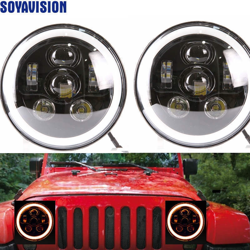 Pair 7" Inch Round LED Headlights Angle Eyes For Jeep Wrangler JK LJ TJ ...