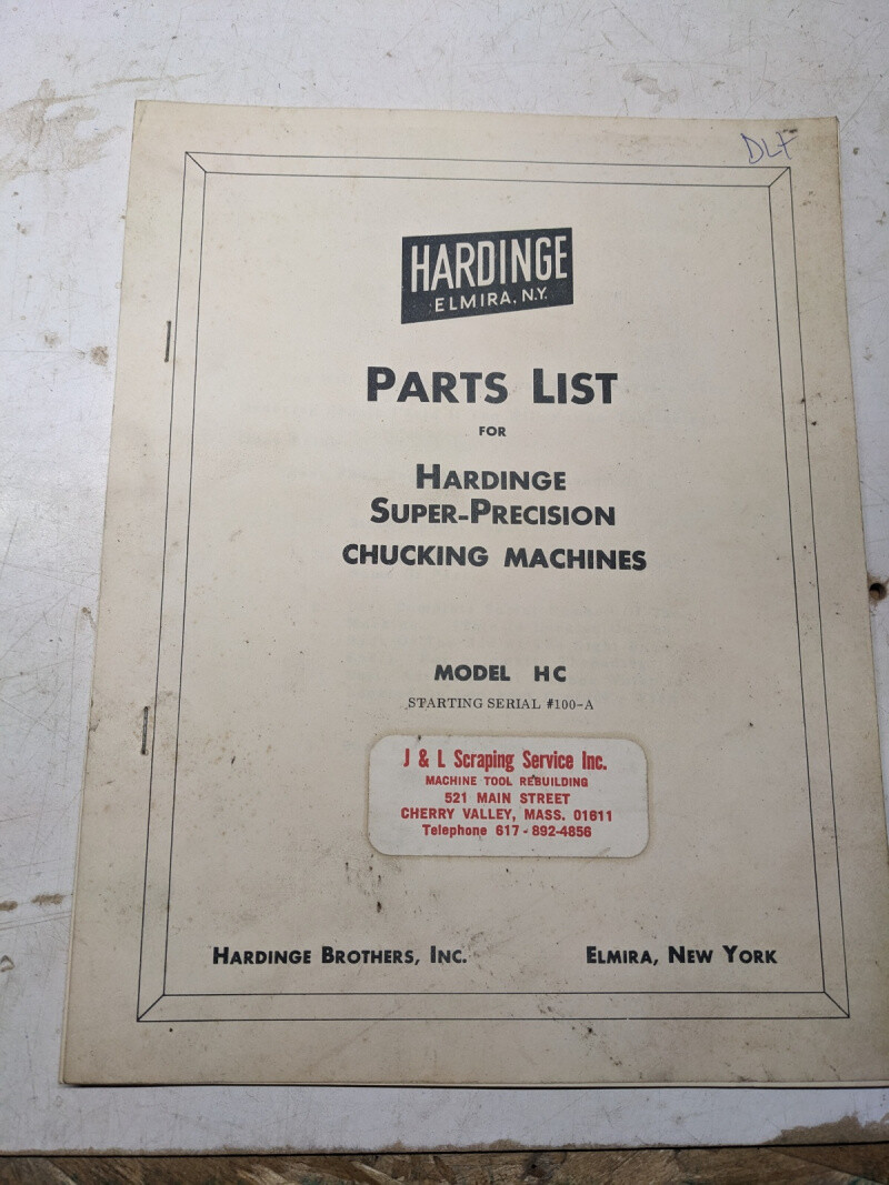 HARDINGE SERVICE PARTS LIST BOOK MANUAL CHUCKING MACHINES MODEL HC #100 ...