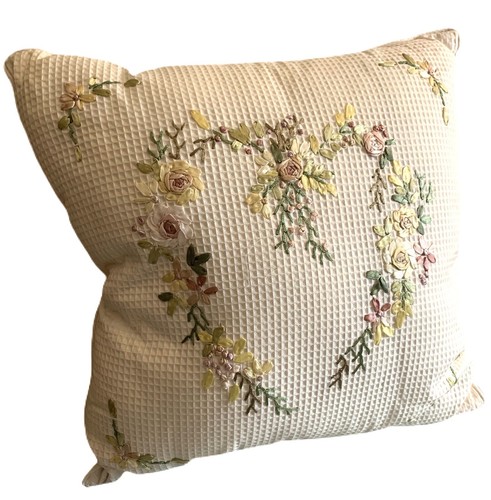 Woven Textured Cream Pillow Embroidered Ribbon Pastel Floral Pattern ...