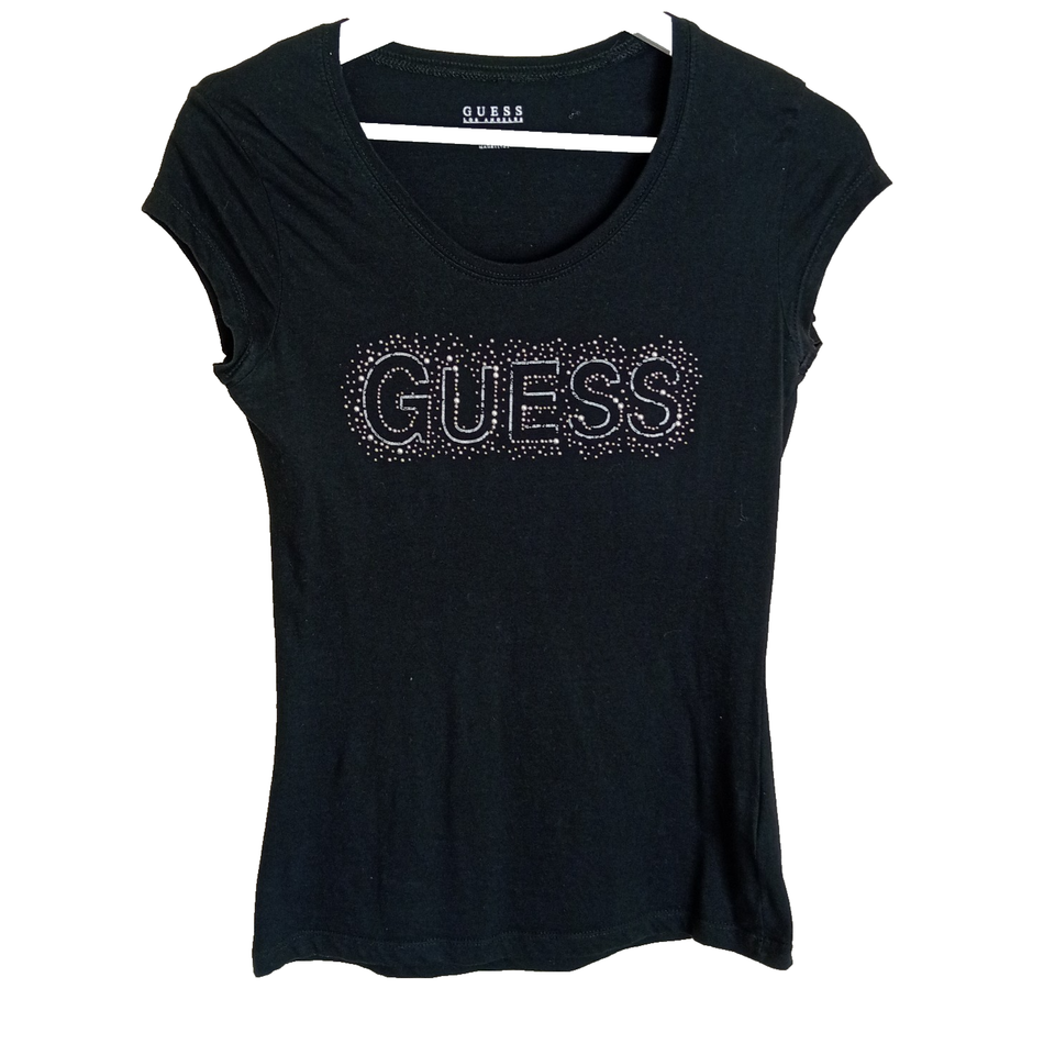 GUESS Black Logo Tee S Silver Studded Fitted Baby Scoop Neck Y2K 2000s ...