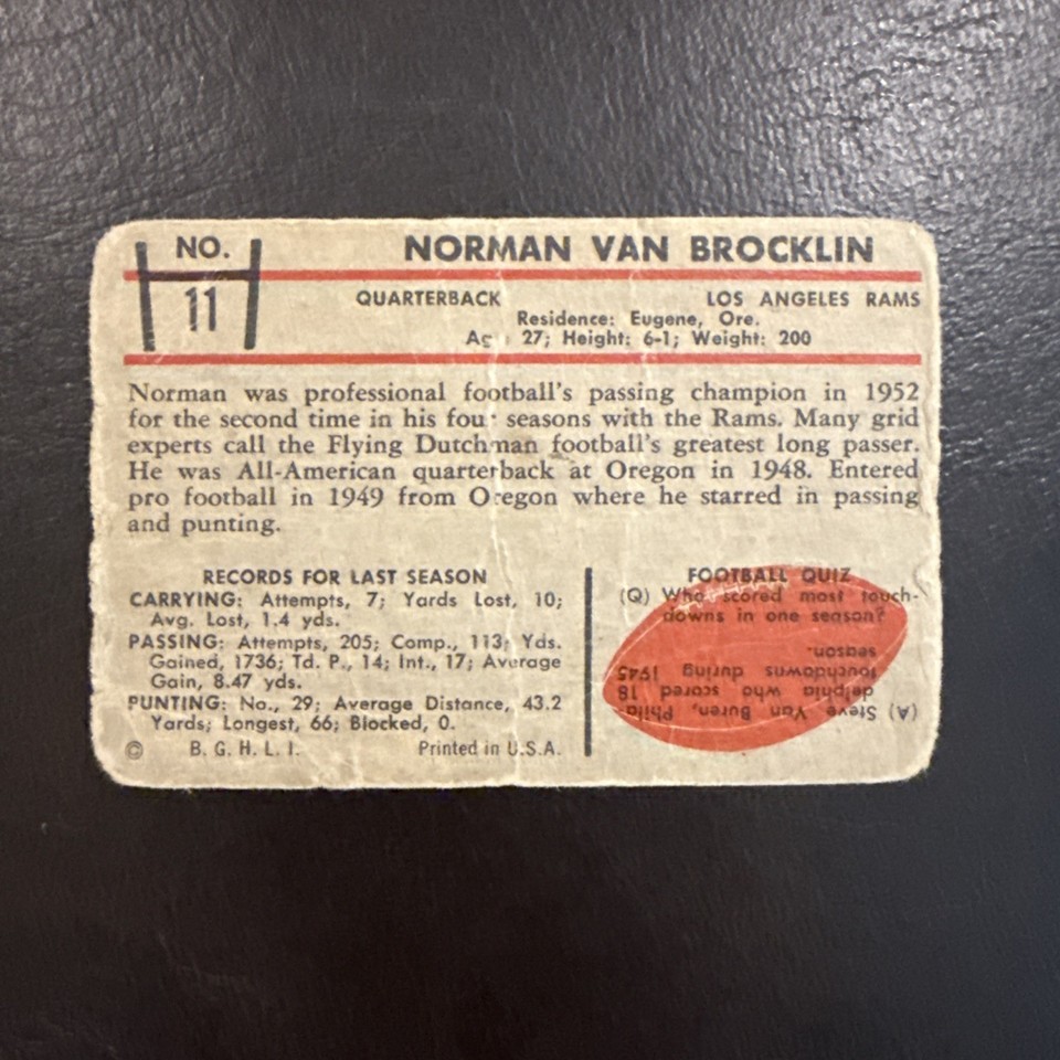 1953 Bowman #11 Norm Van Brocklin Football Card Los Angeles Rams set ...
