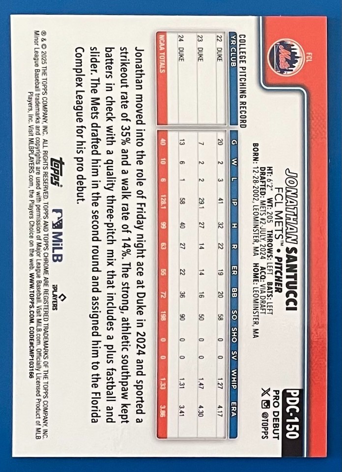 2025 Topps Pro Debut #PDC-150 Jonathan Santucci Black Wave Refractor 6/ ...