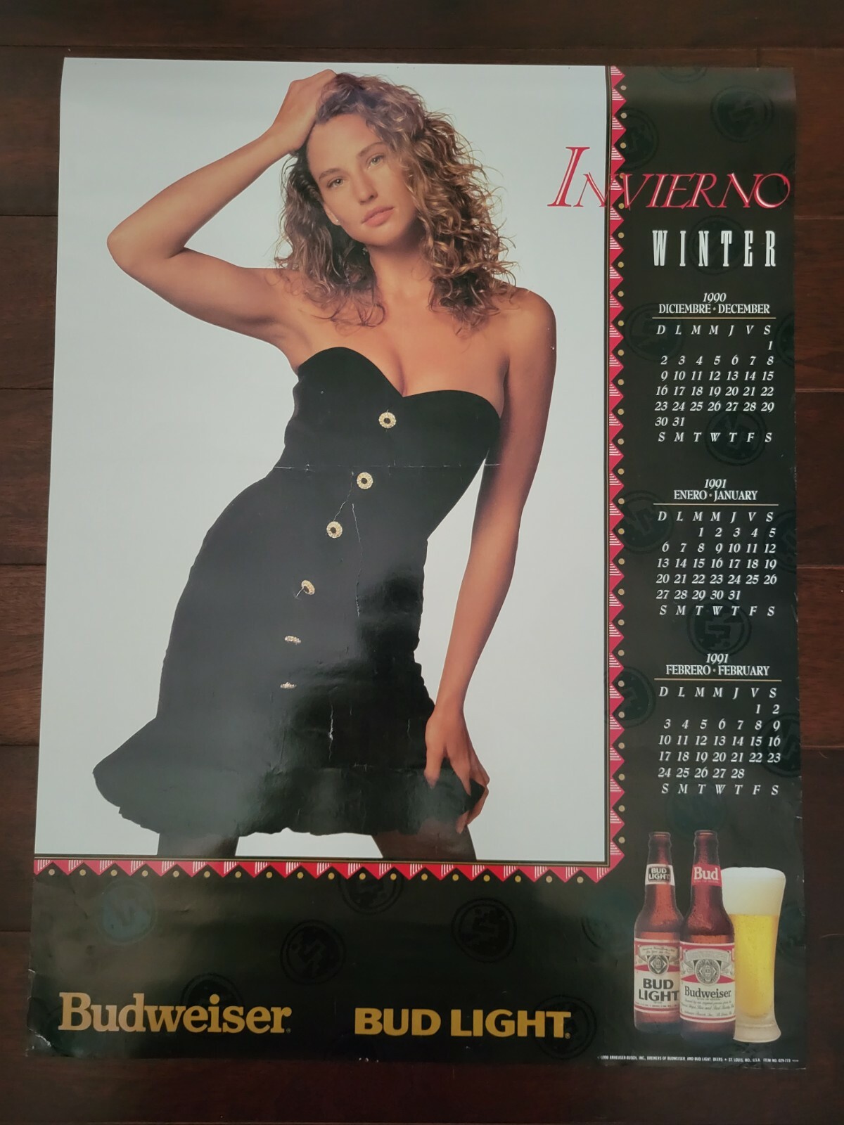 AD POSTER ~ Budweiser Bud Light 1990 Invierno Winter Calendar 21x28 ...