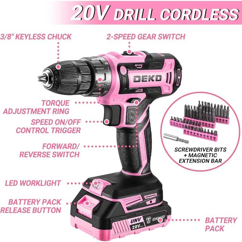 Pink Drill Tool Kit Set: 20V Cordless Power Drill Tool Box with Battery ...