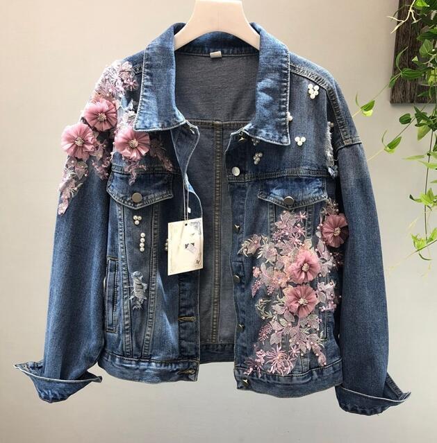 Flower Denim Jacket Women Pearl Jean Coat School Outdoor Tops Girl ...