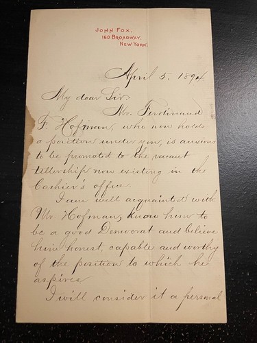John Fox Signed Letter - New York Congressman (1867-71) | eBay