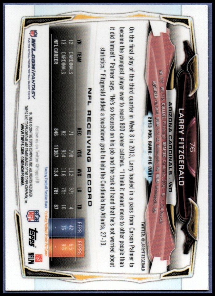 2014 Topps Chrome #76 Larry Fitzgerald Card | eBay