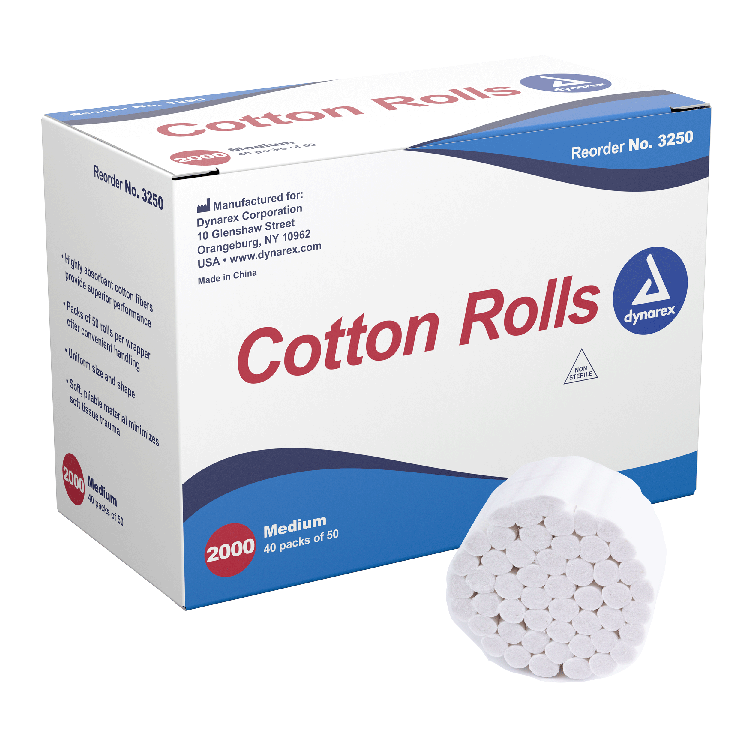 Cotton Rolls, #2 Medium, Dynarex, 2000 Rolls/Box, 10 Box/Case, 3250-C ...