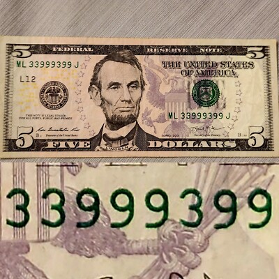 2013 ~ BINARY SERIAL Number 33999399 ~ $5 DOLLAR BILL ~ RARE | eBay