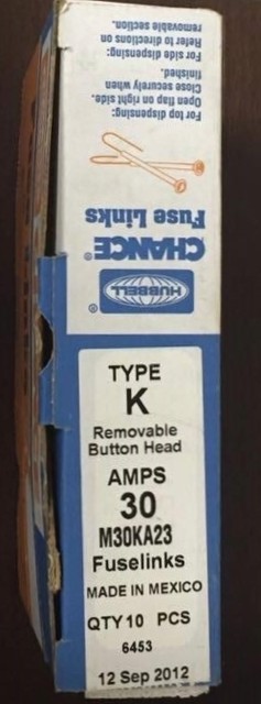 Hubbell Chance Button Head Fuse Link M30KA23 30 Amps Type K for sale ...