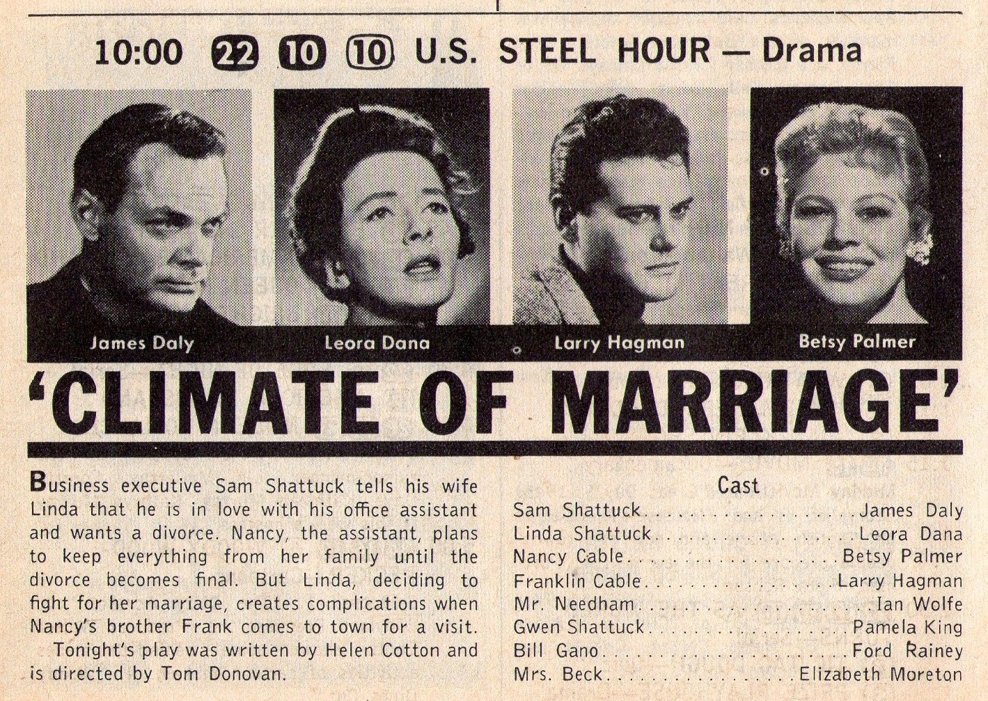 1958 Tv Ad Larry Hagman Leora Dana James Daly Betsy Palmer U.S Steel ...