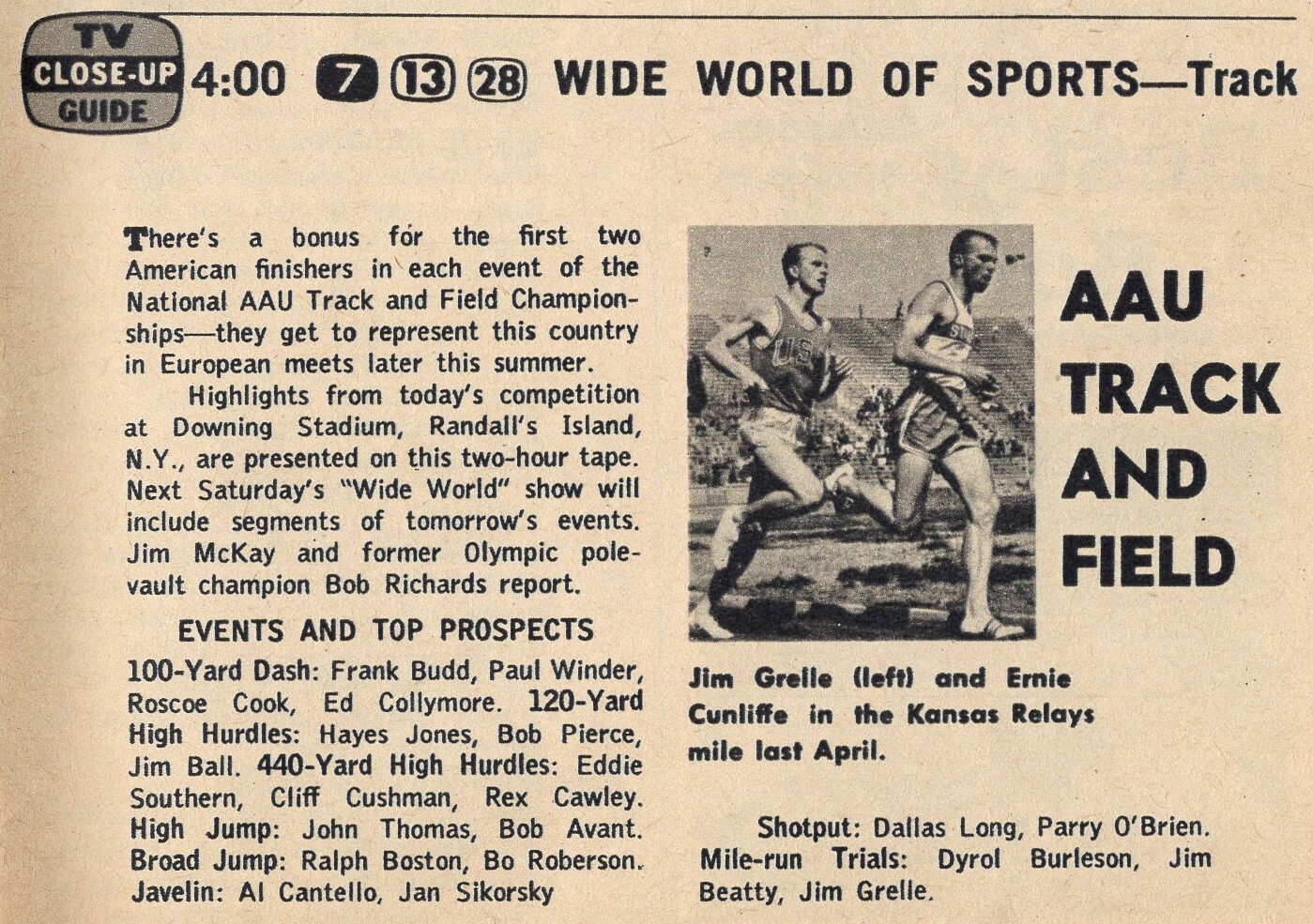 1961 TV AD~TRACK and FIELD Downing Stadium New York JIM GRELLE ERNIE ...