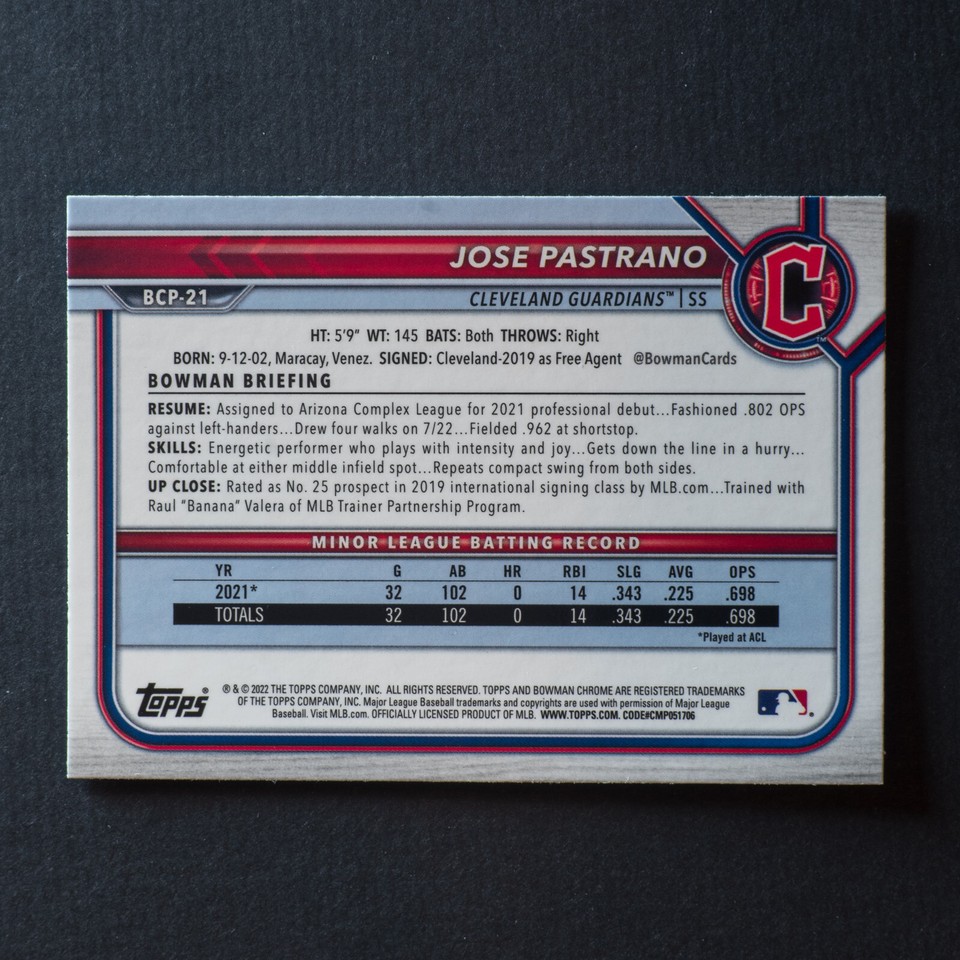 2022 Bowman Chrome Prospect 1st JOSE PASTRANO #BCP-21 Cleveland ...