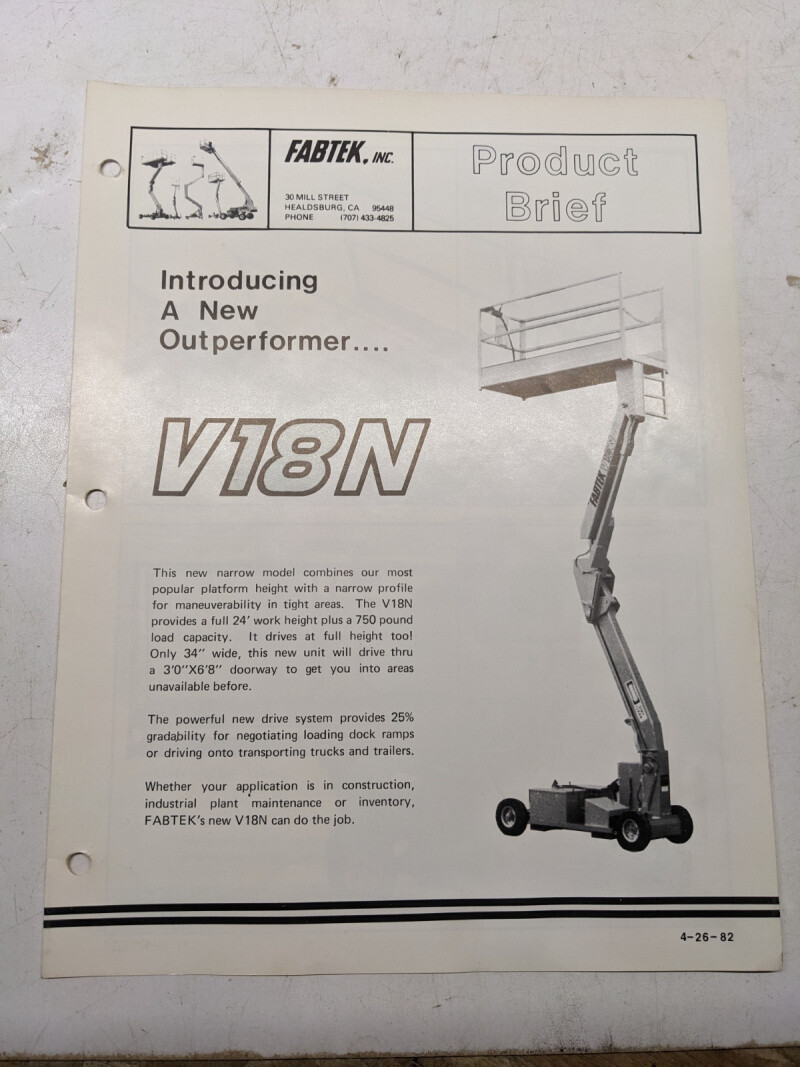 FABTEK PRODUCT BRIEF V18N AERIAL SKY PLATFORM NARROW 1982 SALES ...
