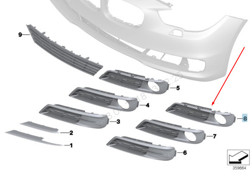 NEW BMW 5 GT F07 LEFT FOG LIGHT PARTLY CLOSED GRILLE 51117331679 2015 ...