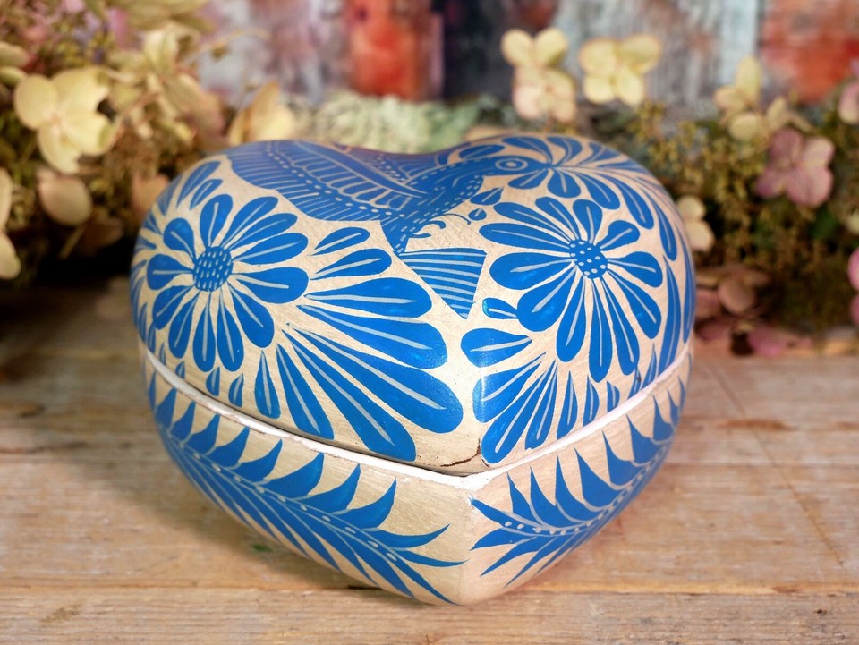 Lg Heart Trinket Box Turquoise & Cream Clay Handmade Mexican Folk Art ...