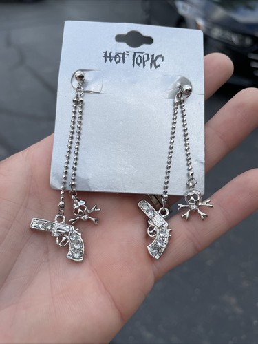 New Pair of Silver Rhinestone Earrings with Guns & Skulls by Hot Topic ...