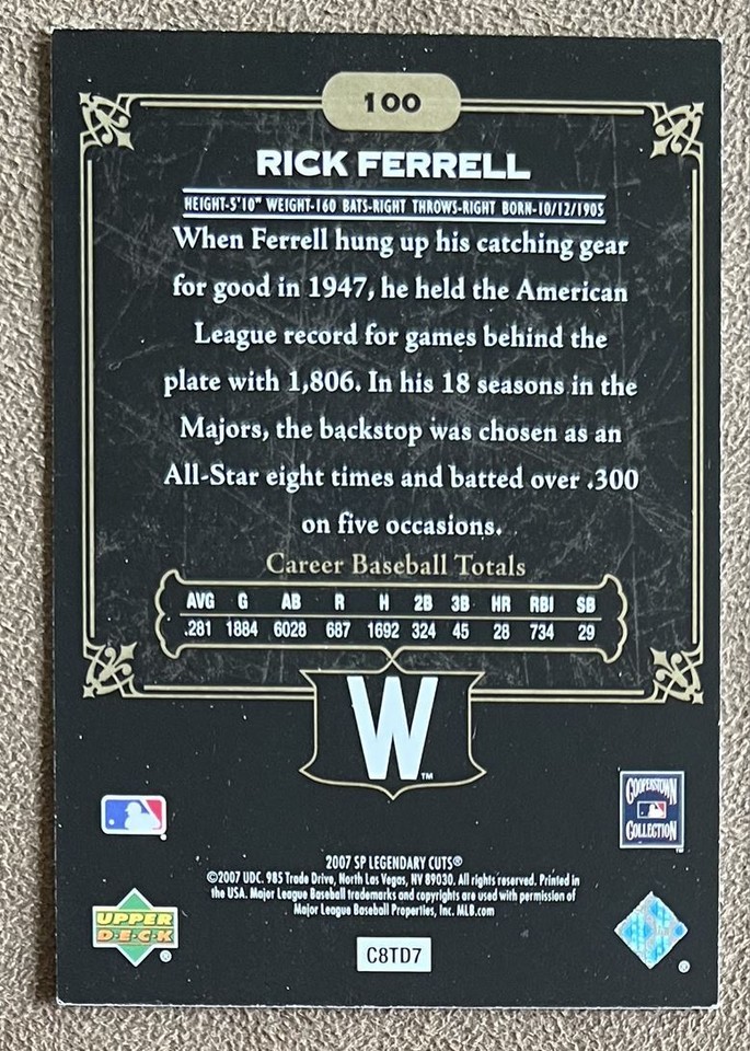 2007 SP Legendary Cuts Rick Ferrell Washington Senators #100 MLB ...