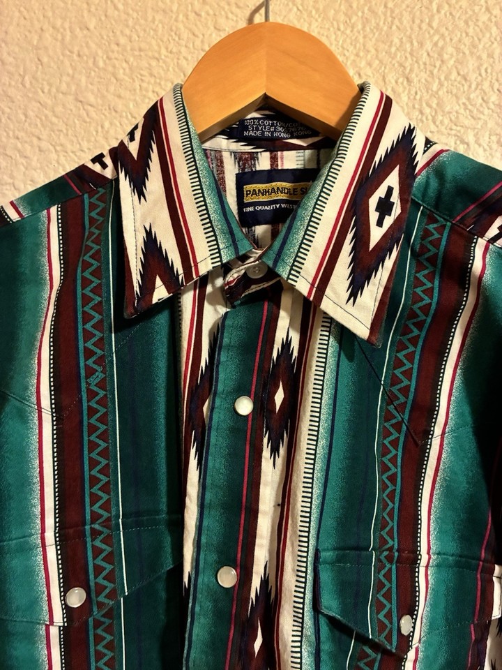 VTG Panhandle Slim Western Shirt Large Pearl Snap Aztec Southwest Rodeo ...